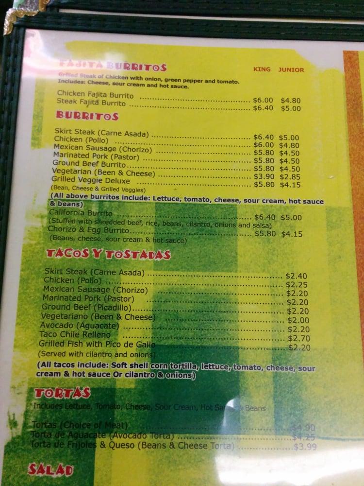 Menu at Javi's Burritos restaurant, Glen Ellyn