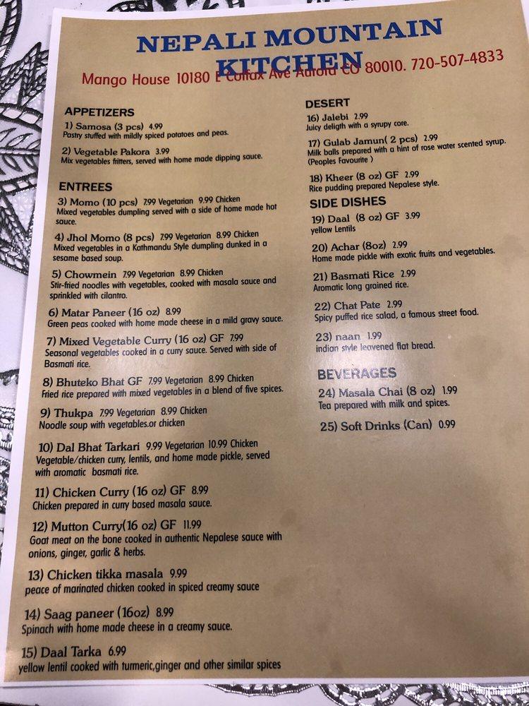Menu at Mango House restaurant, Aurora