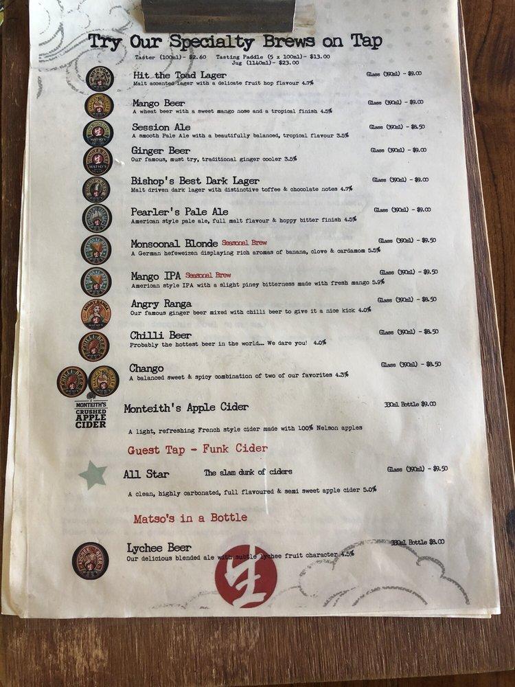 Menu at Matso's Broome Brewery restaurant, Broome, 60 Hamersley St