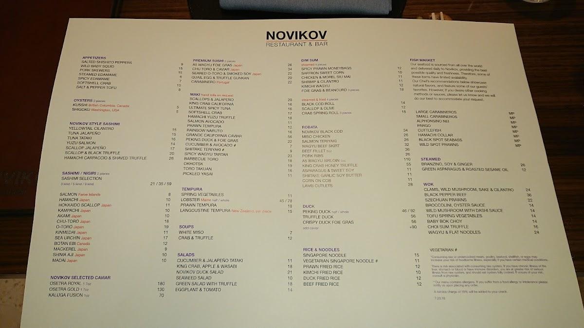 Menu at Novikov Miami restaurant, Miami
