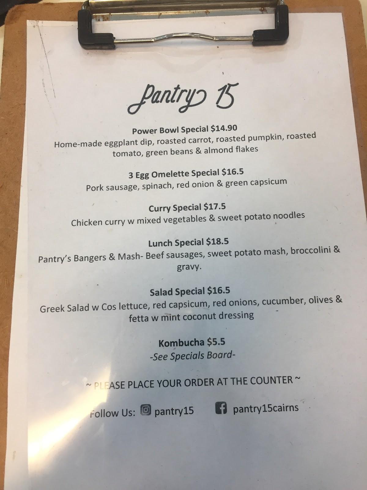 Menu at Pantry 15 cafe, Cairns City