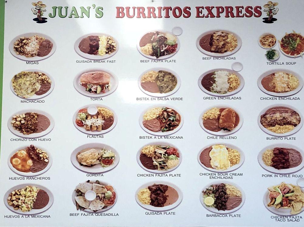 Menu at Juan's Burrito Express restaurant, Fort Worth