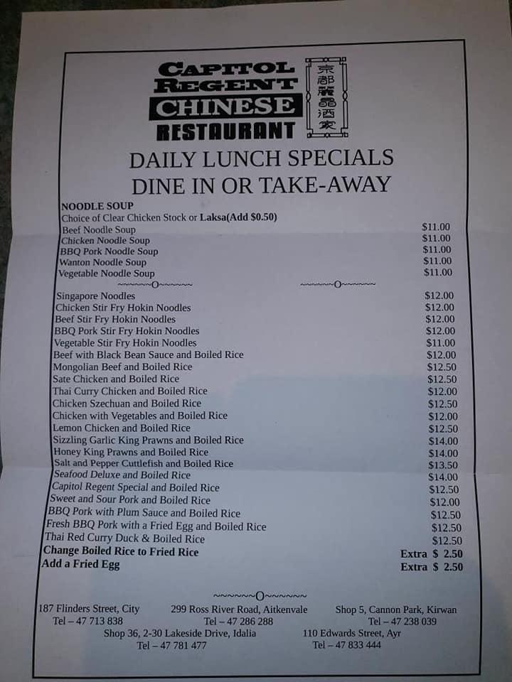Menu at Capitol Chinese Restaurant, Townsville, 187 Flinders St