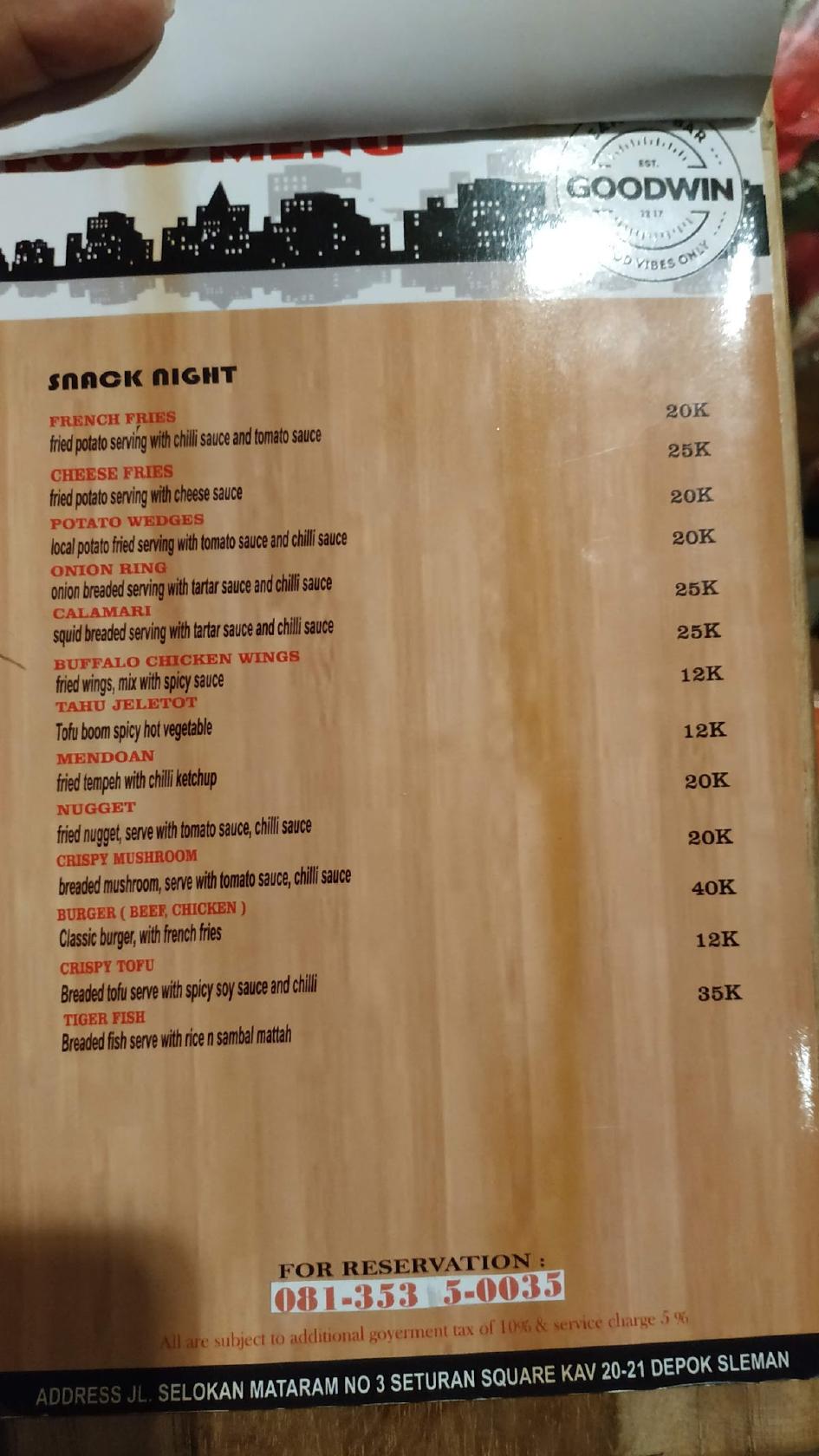 Menu at Goodwin Bar and Eatery, Sariharjo, Jl. Selokan Mataram No.1-3