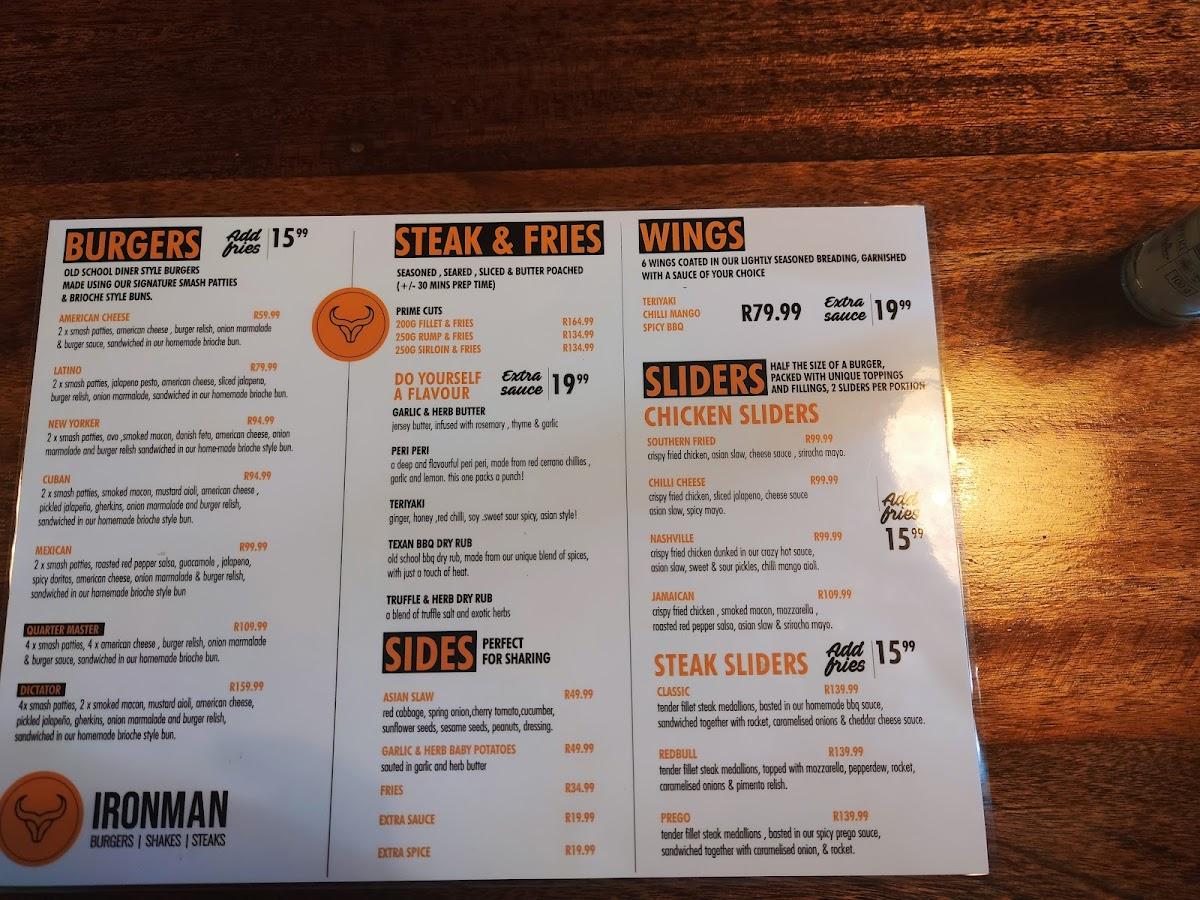 Menu at Ironman Rare Steaks restaurant, Durban