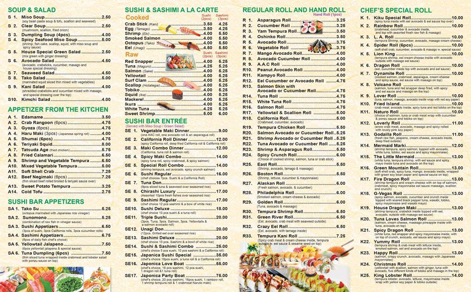 Menu at Kiku Fusion Sushi & Hibachi restaurant, Monroe