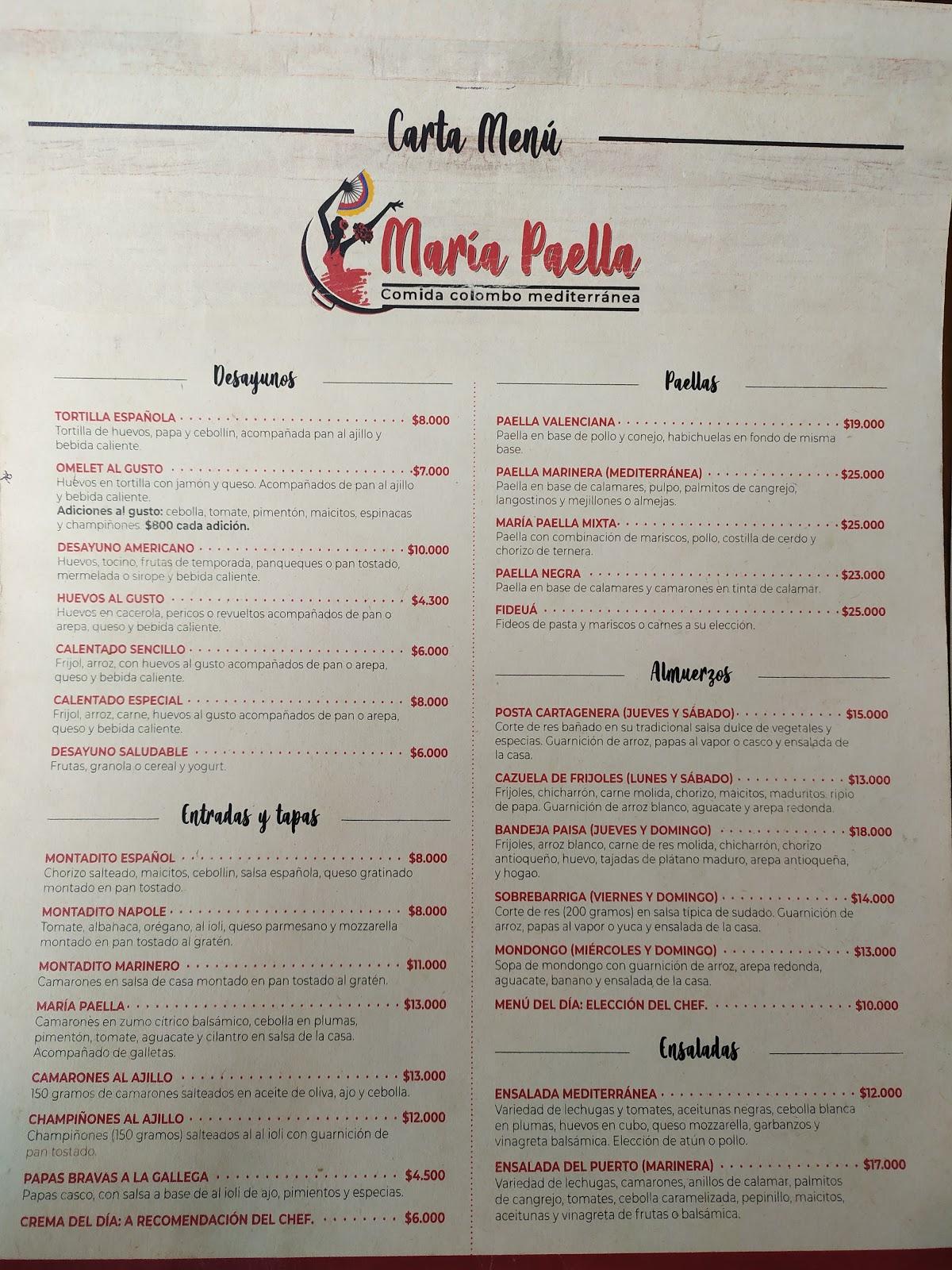 Menu at María Paella restaurant, Bello