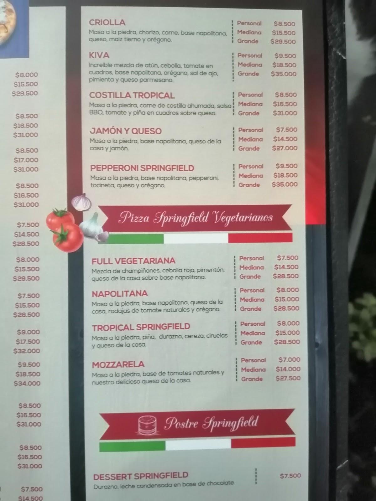 Menu at Pizzería Springfield Gourmet, Bogotá