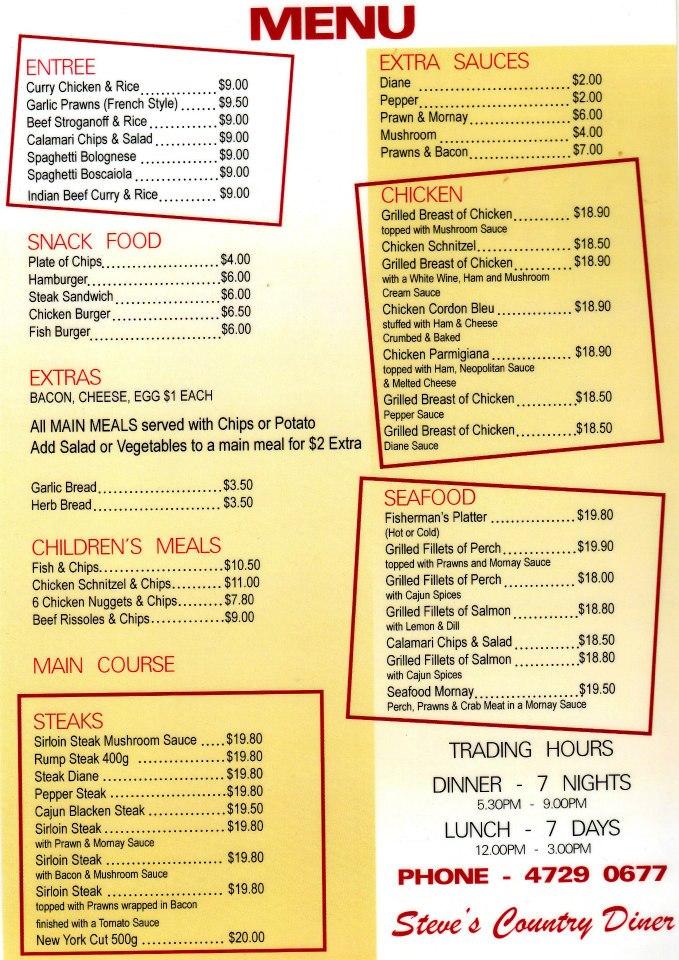 Carta del restaurante Steves Country Diner, Penrith