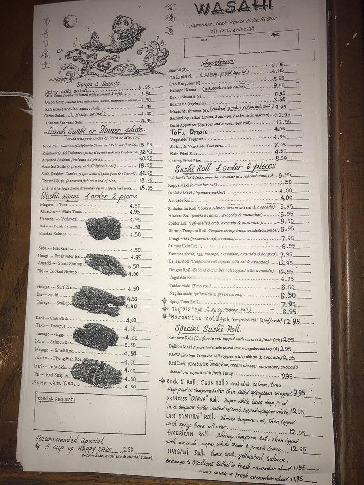 Menu at Wasahi Japanese Steak House & Sushi Bar, Gladstone