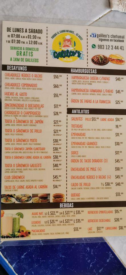 Menu at GALILEO´S CHETUMAL restaurant, Chetumal