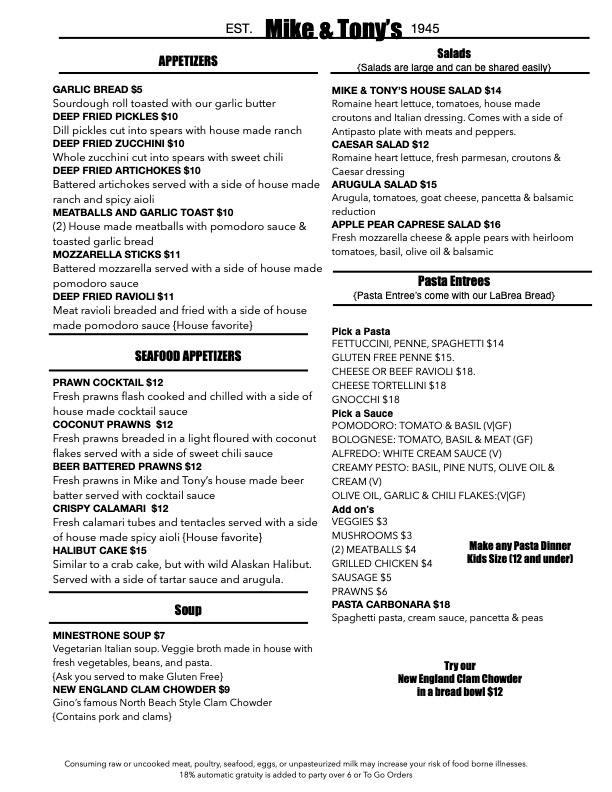 Menu at Mike & Tony's Restaurant, Mount Shasta