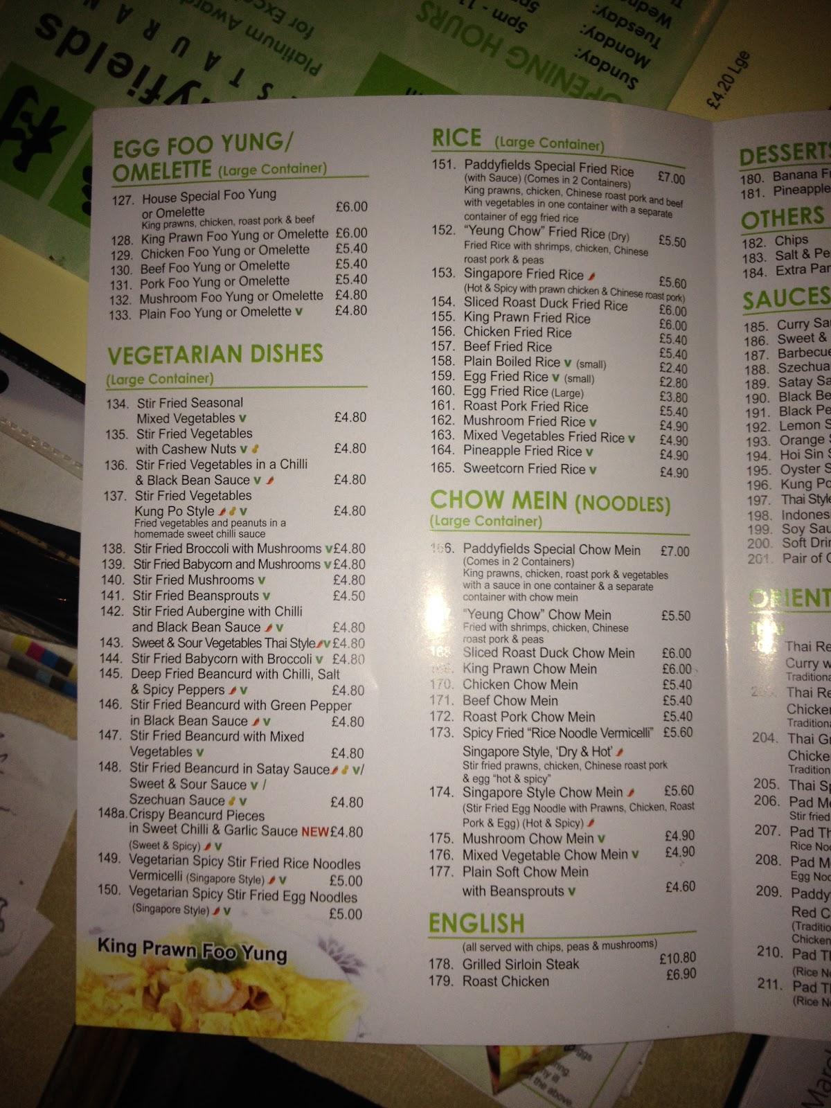 Menu at Paddyfields restaurant, Ollerton and Boughton