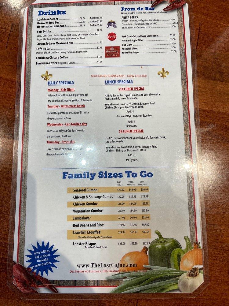 Menu at The Lost Cajun restaurant, Mount Juliet