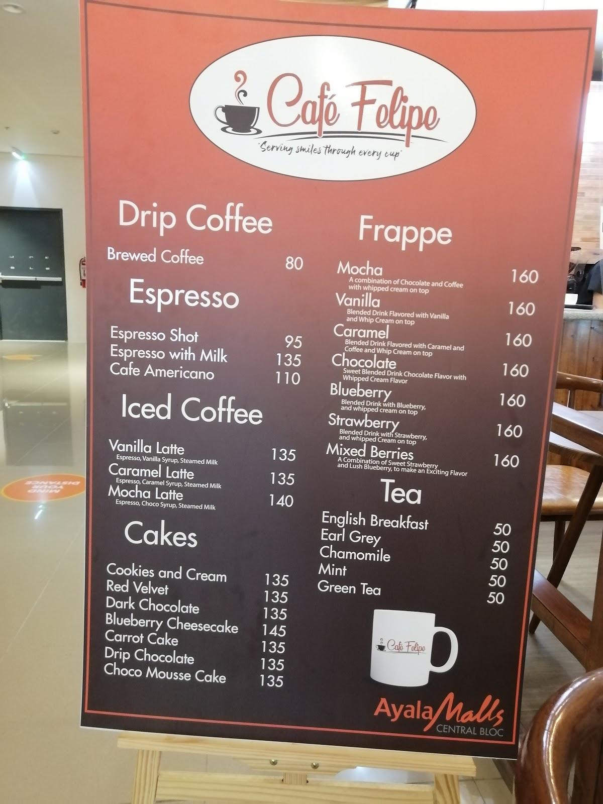 Menu at Cafe Felipe, Cebu City, Ayala Malls