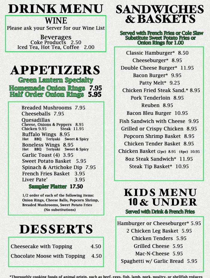 Menu at Green Lantern Steak House steakhouse, Decatur