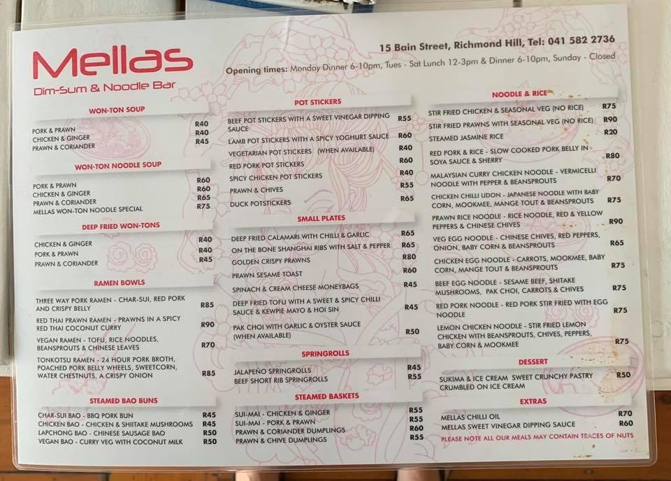 Speisekarte von Mellas Dim-Sum & Noodles Bar, Port Elizabeth