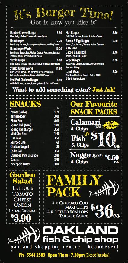 Menu at Oakland Fish and Chips restaurant, Beaudesert