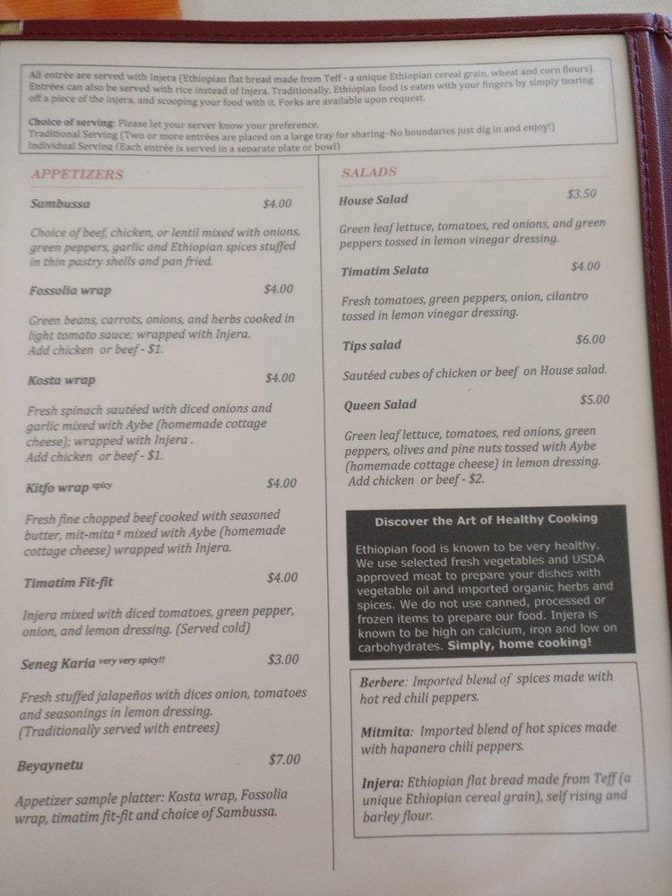Menu at Queen of Sheba Restaurant, Louisville, Taylorsville Rd