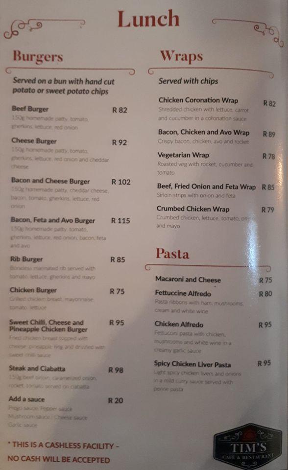 Menu at Tim’s Cafe, Benoni