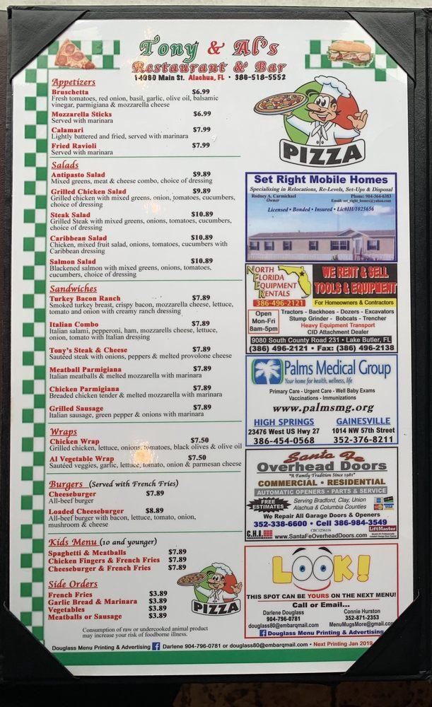 Menu at Tony and Al's Deli pizzeria, Alachua