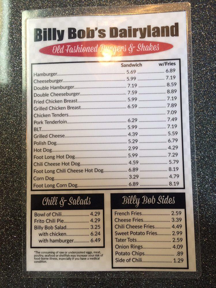 Menu at Billy Bob's Dairy Land restaurant, Branson, W 76 Country Blvd