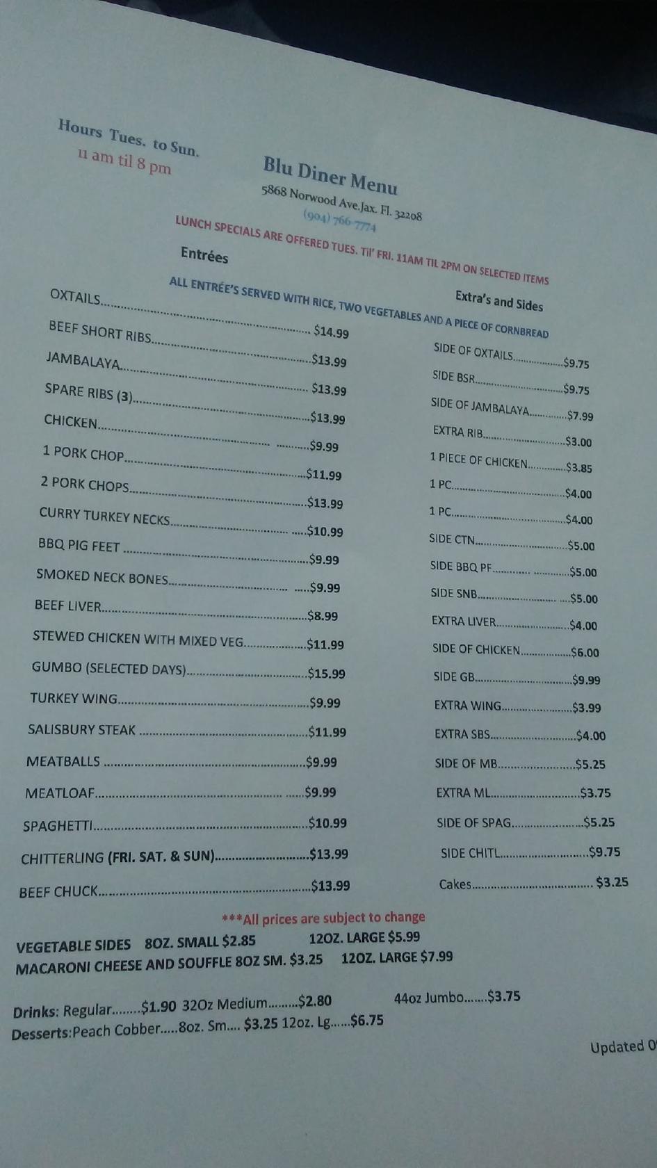 Menu at Blu Diner restaurant, Jacksonville, Norwood Ave