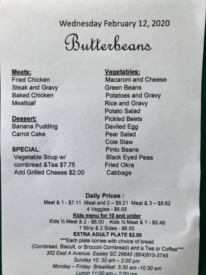 Menu at Butterbeans Restaurant, Easley