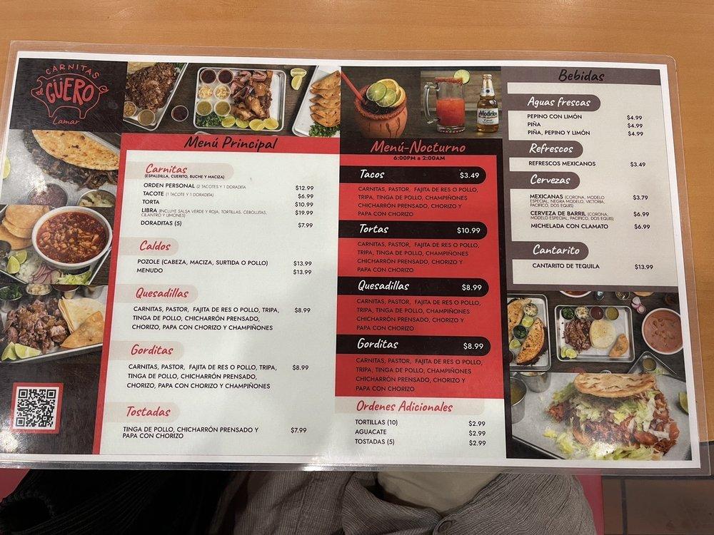 Menu at CARNITAS "El Güero" restaurant, Austin, N Lamar Blvd