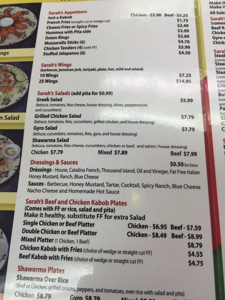Menu at Sarah's Kabob Shop restaurant, Greensboro, 5340 W Market St