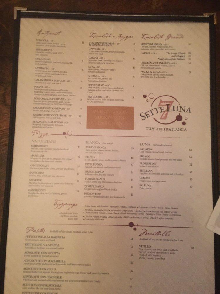 Menu at Sette Luna restaurant, Easton