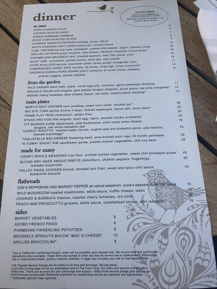 Menu at The Front Yard restaurant, Universal City