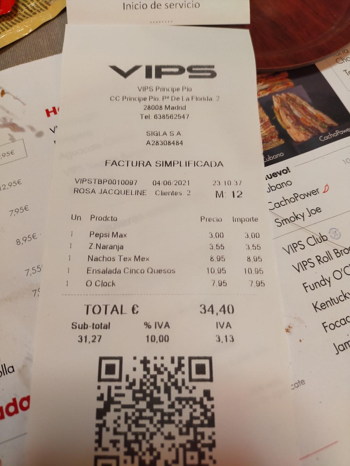 Carta del restaurante VIPS, Madrid, Paseo del la Florida