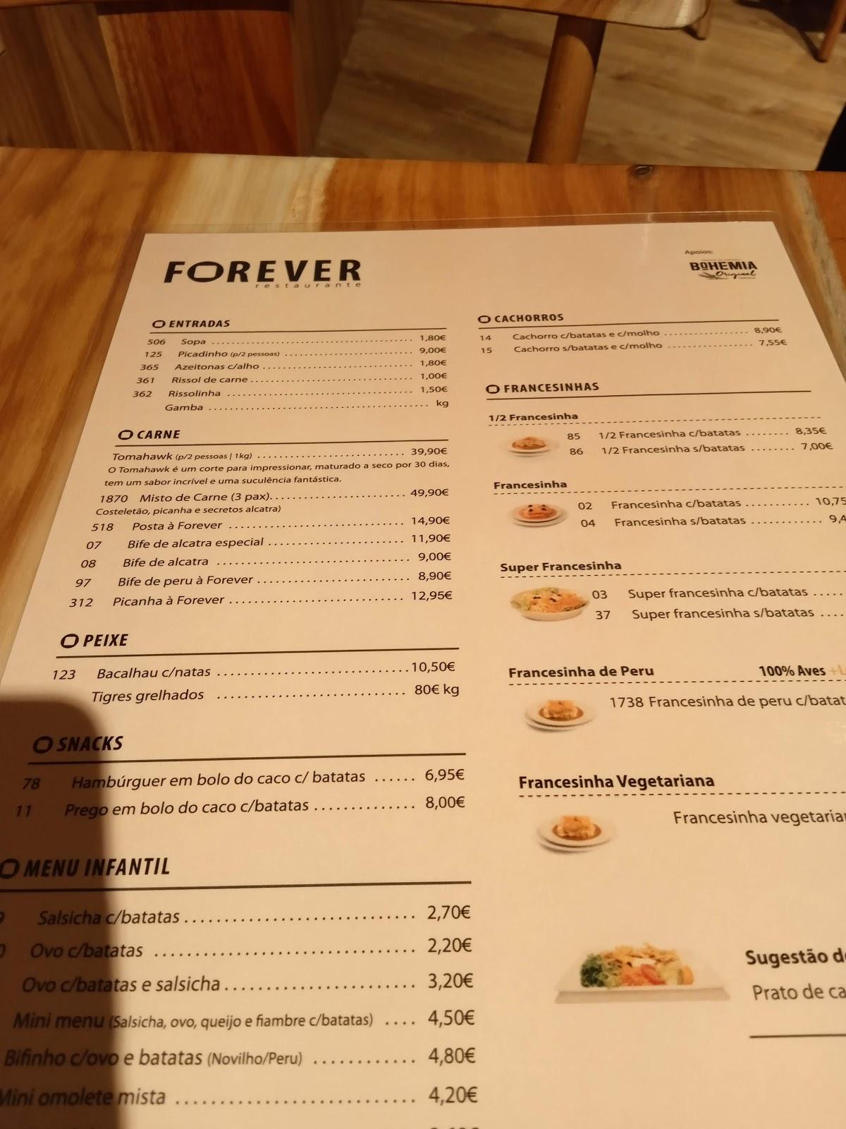 Menu em Forever restaurante, Vila Nova de Famalicão