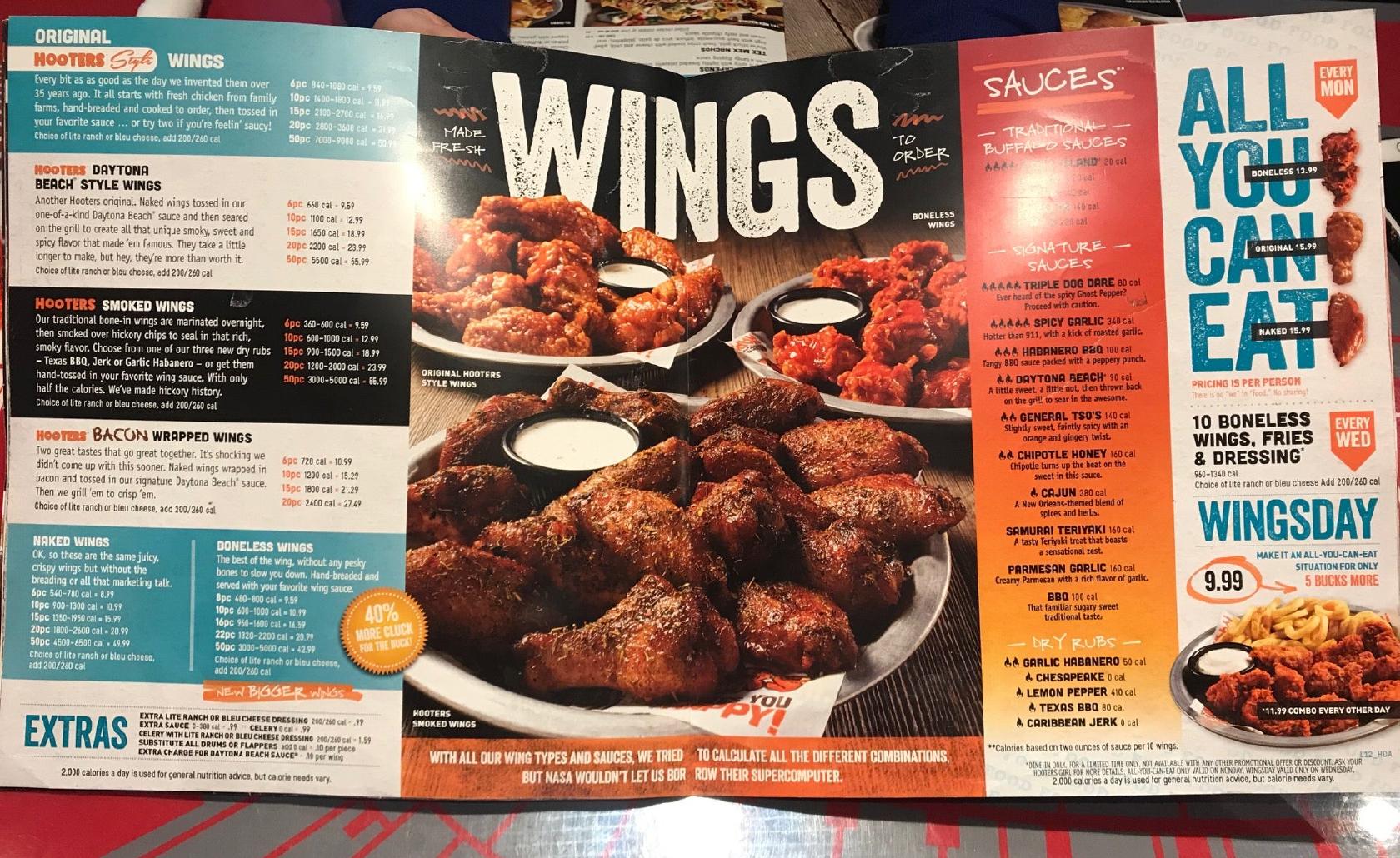 Menu at Hooters pub & bar, Cincinnati, Escort Dr