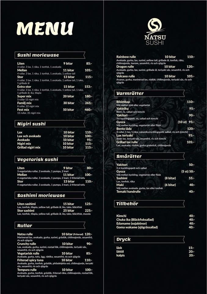 Menu at Natsu Sushi restaurant, Uppsala