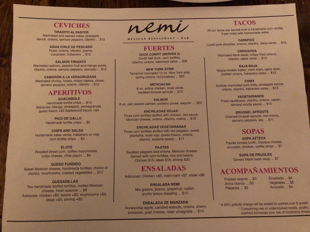 Menu at Nemi restaurant, Philadelphia