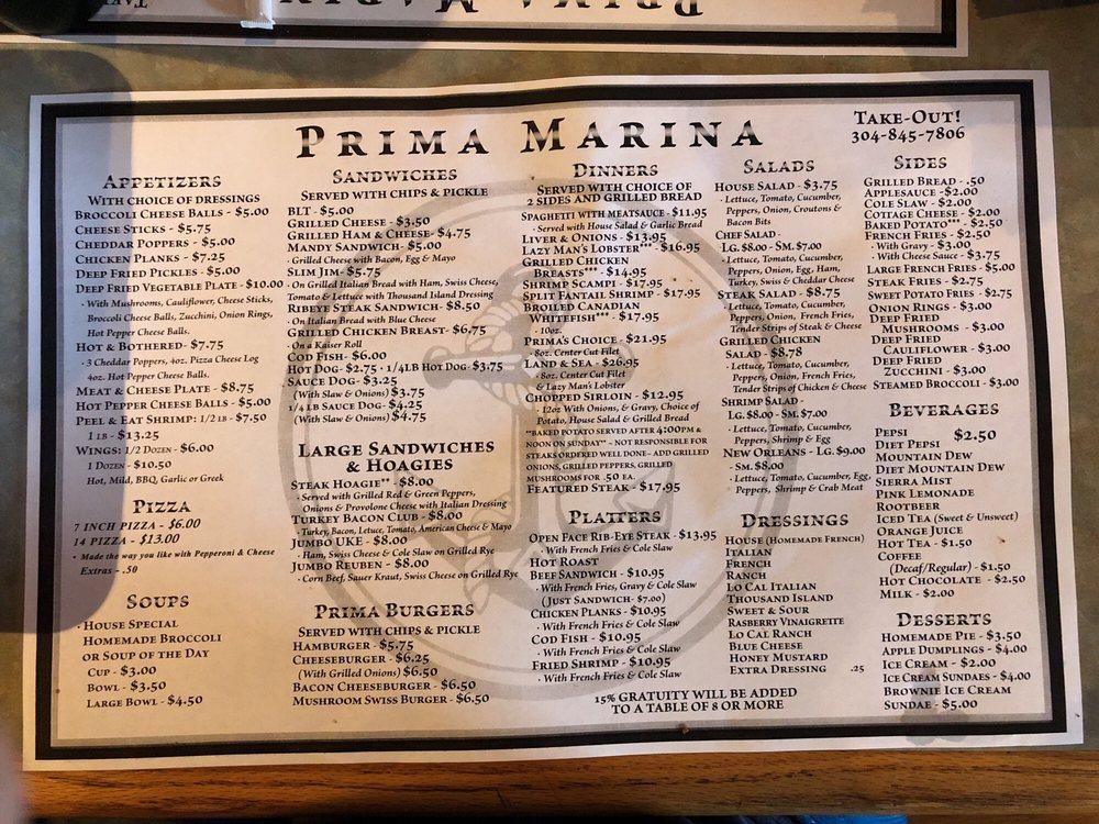 Menu at Prima Marina Incorporated restaurant, Moundsville