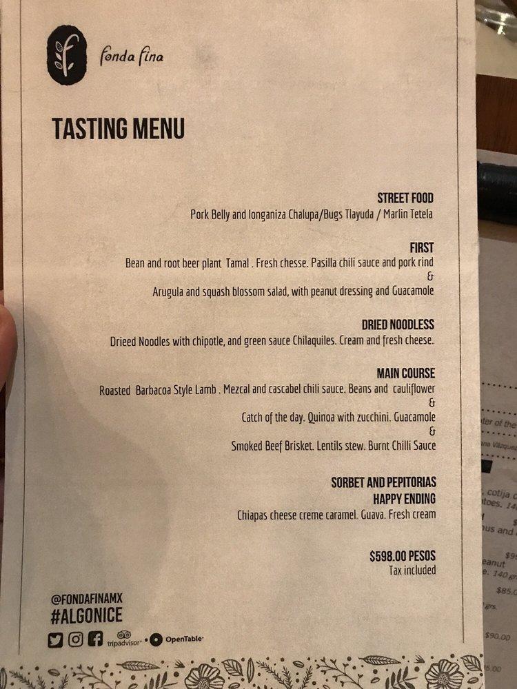 Menu at Fonda Fina restaurant, Ciudad López Mateos