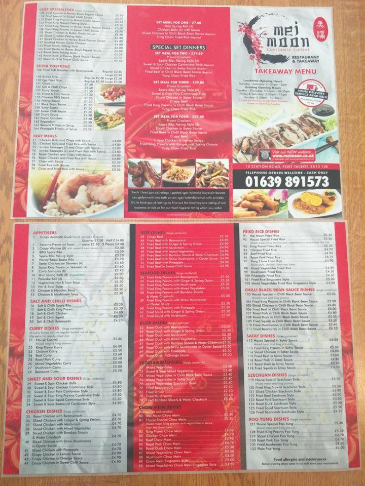 Menu at Mei Moon restaurant, Port Talbot