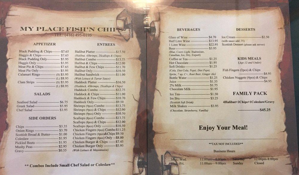 Menu at My Place Fish & Chips restaurant, Toronto