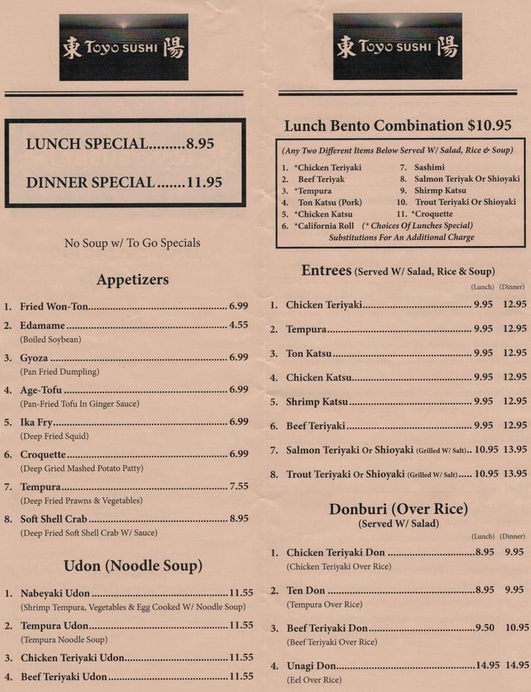 Menu at Toyo Sushi restaurant, Stockton