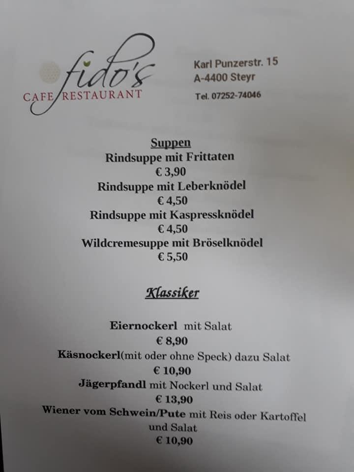 Speisekarte von Cafe - Restaurant Fido's Steyr, Steyr