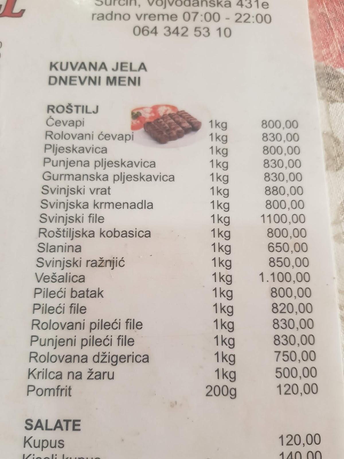 Menu at Kod Đuke restaurant, Surčin