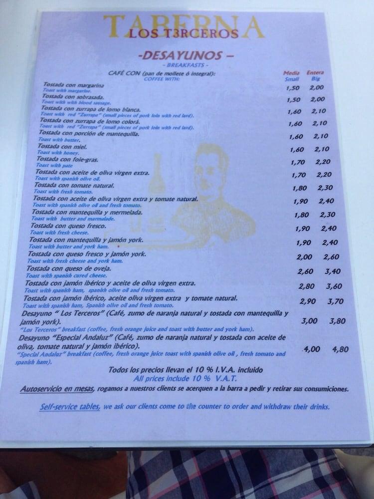Carta del pub y bar Taberna Los Terceros, Sevilla