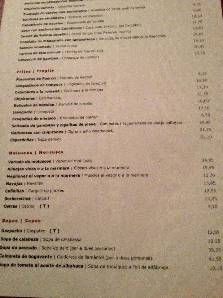 Carta del restaurante Merendero del la Mari, Barcelona