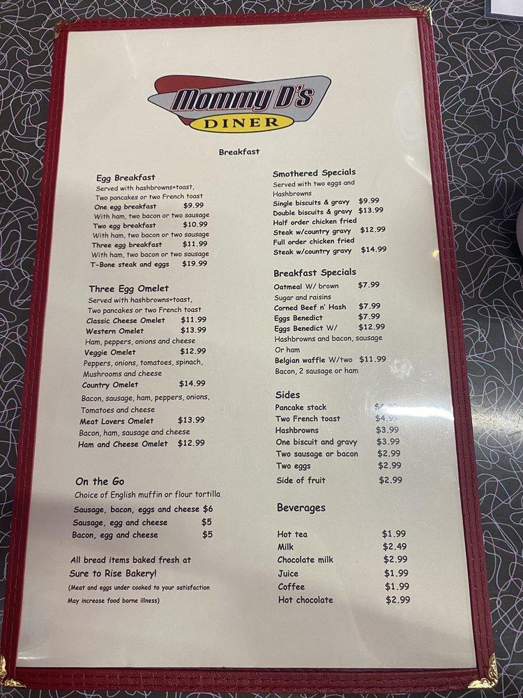 Menu at Mommy D’s Diner restaurant, Cashmere