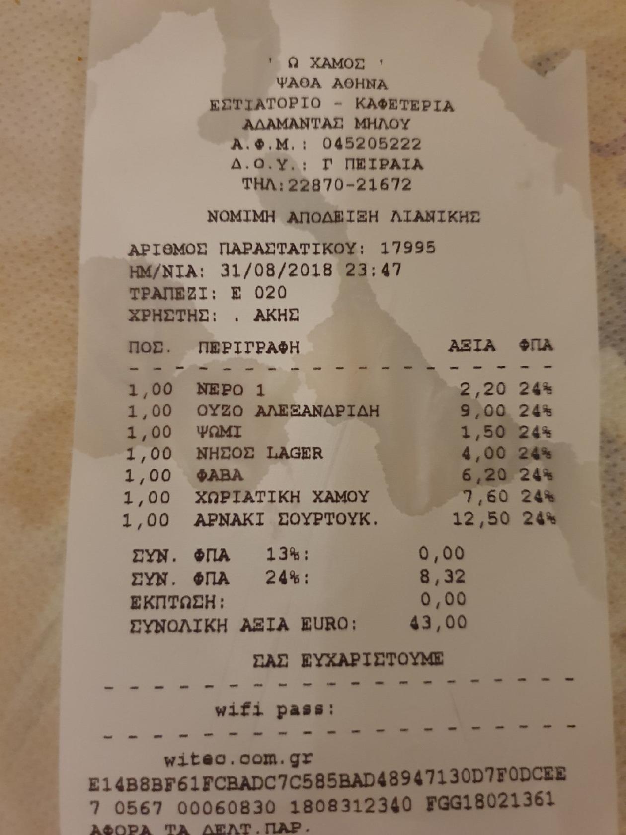Menu at O! Hamos! Tavern, Milos