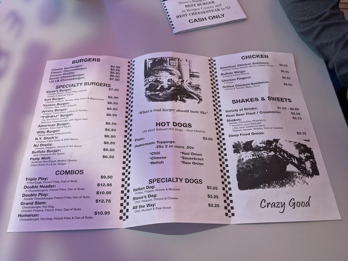 Menu at Steve's Burgers restaurant, Garfield, 506 US-46