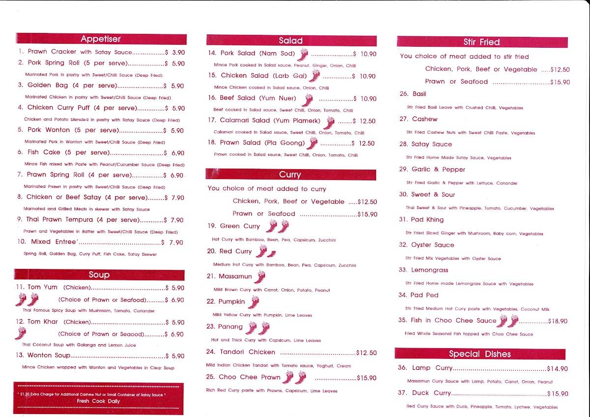 Menu at Thai Cottage restaurant, Cranbourne